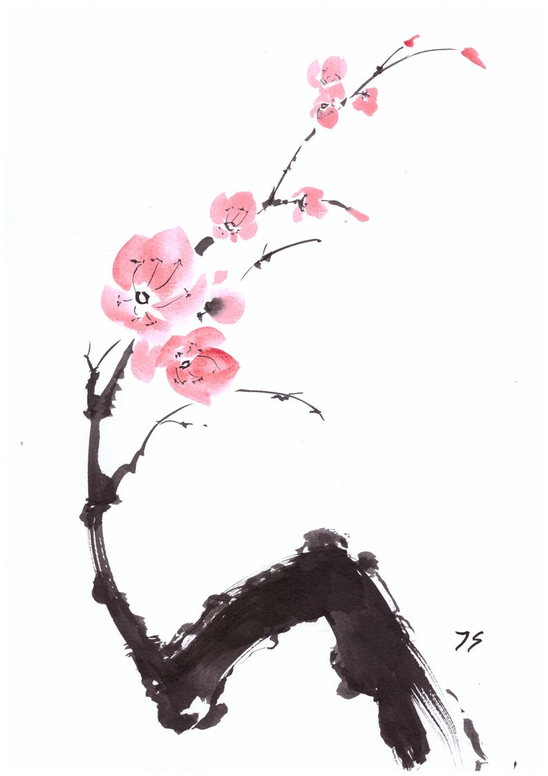 Original Japanese Ink Painting Sumie Small Artwork Sakura Cherry ...