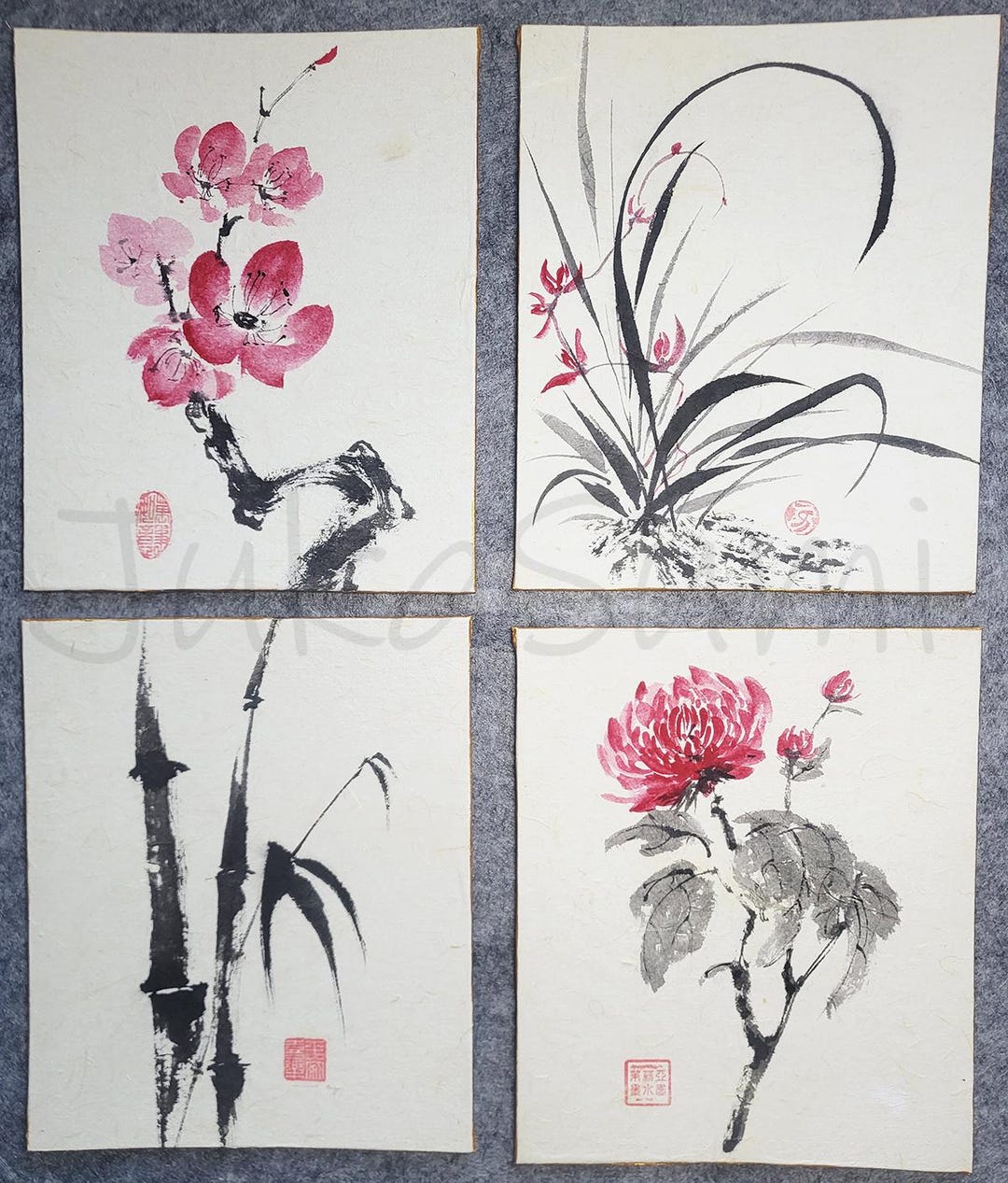 Original Sumi-e Four Noble Set – Japanese Ink Painting on Shikishi - Etsy