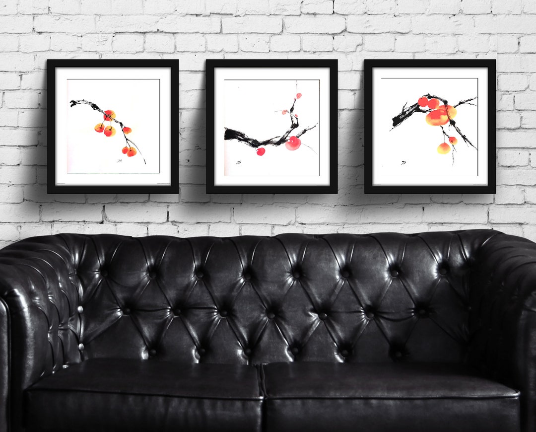 Set of Three Original Sumie Japanese Ink Paintings Orange Fruits Branch ...