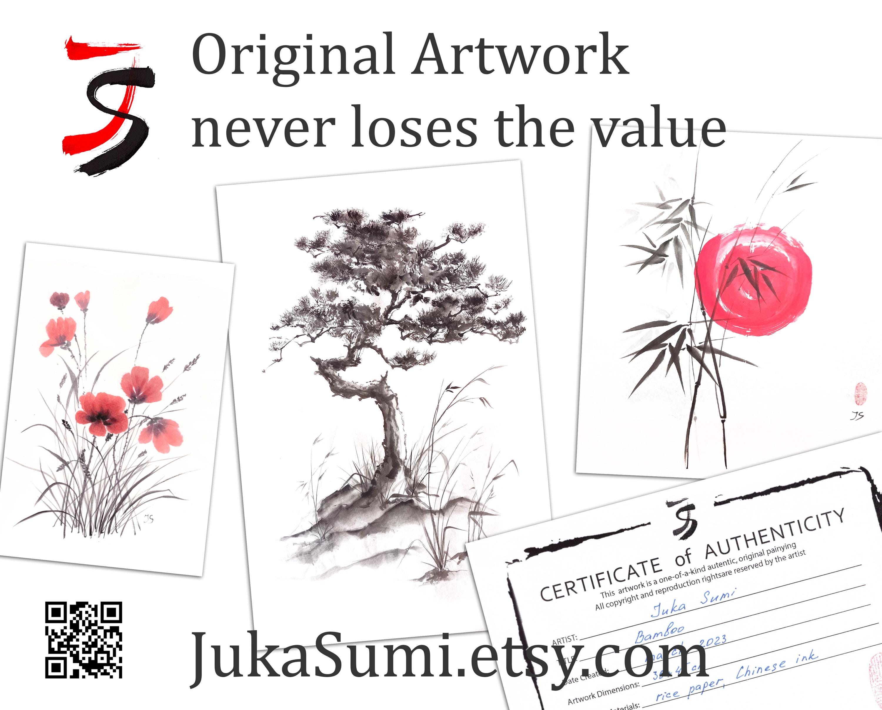 Pine Tree Original Japanese Ink Painting Sumie Black White Landscape ...