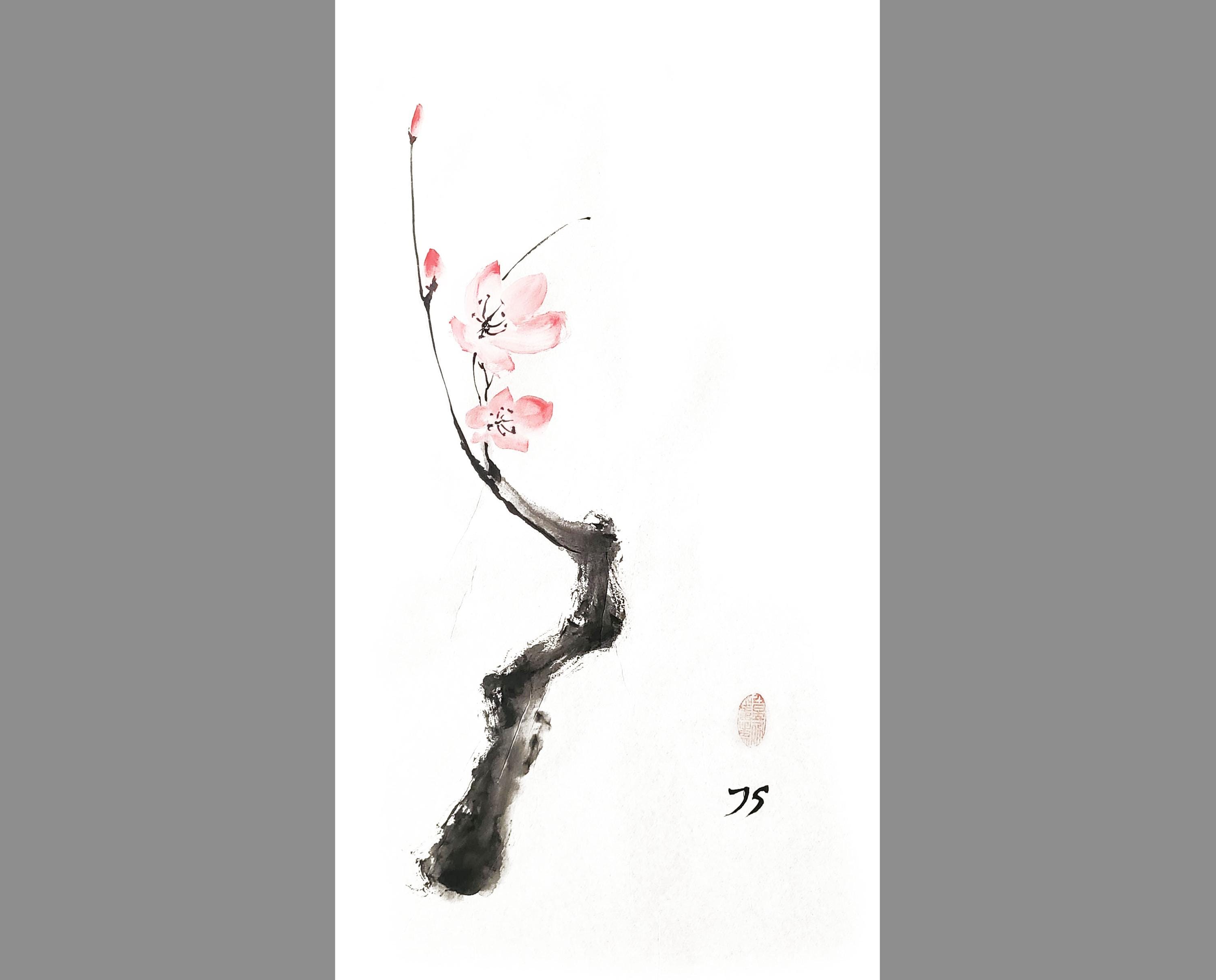 Sumie Cherry Blossom Painting: Original Ink Art, Feng Shui Decor - Etsy