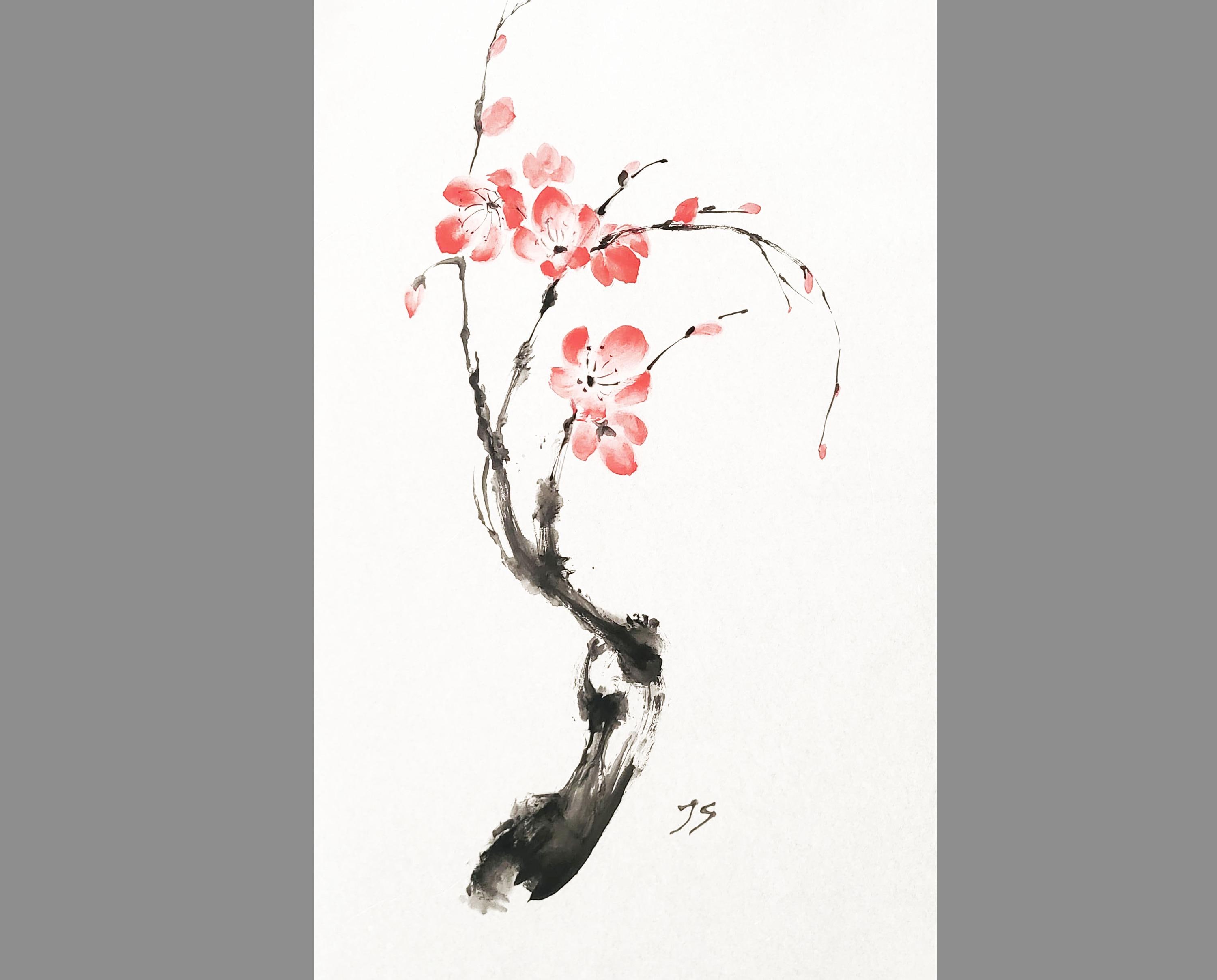 Sumie Chinese Sakura Cherry Blossoms Painting, Original Ink Artwork ...