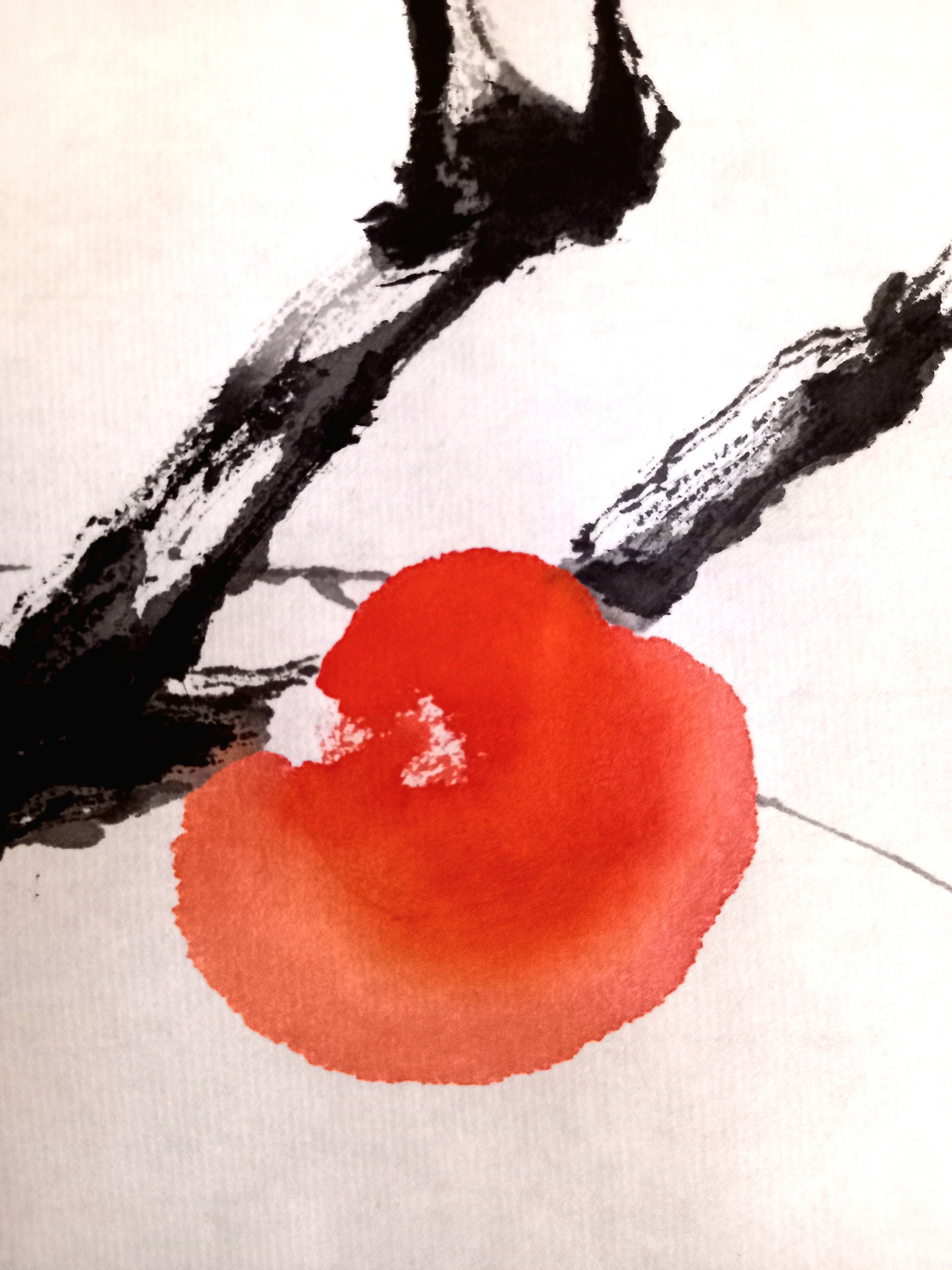 Set of Three Original Sumie Japanese Ink Paintings Orange Fruits Branch ...