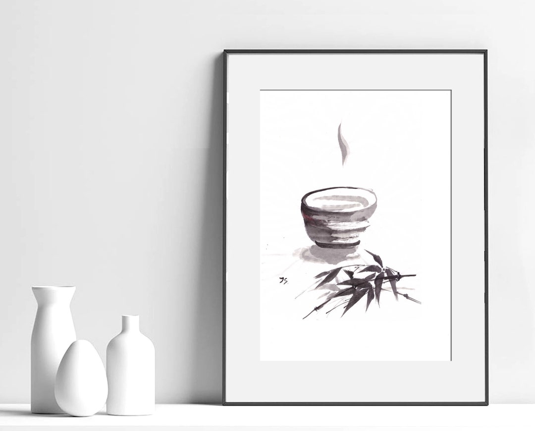Small Original Japanese Ink Painting Sumie Artwork Tea Cup Tea Ceremony ...