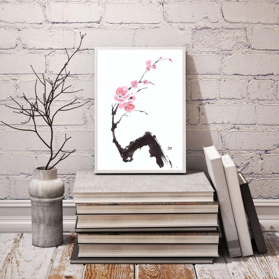 Original Japanese Ink Painting Sumie Small Artwork Sakura Cherry ...