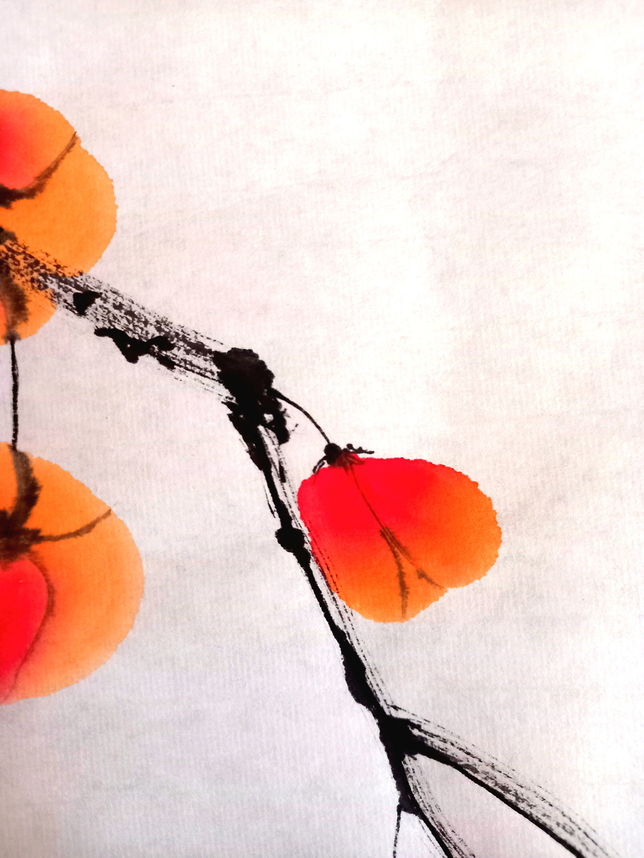 Set of Three Original Sumie Japanese Ink Paintings Orange Fruits Branch ...
