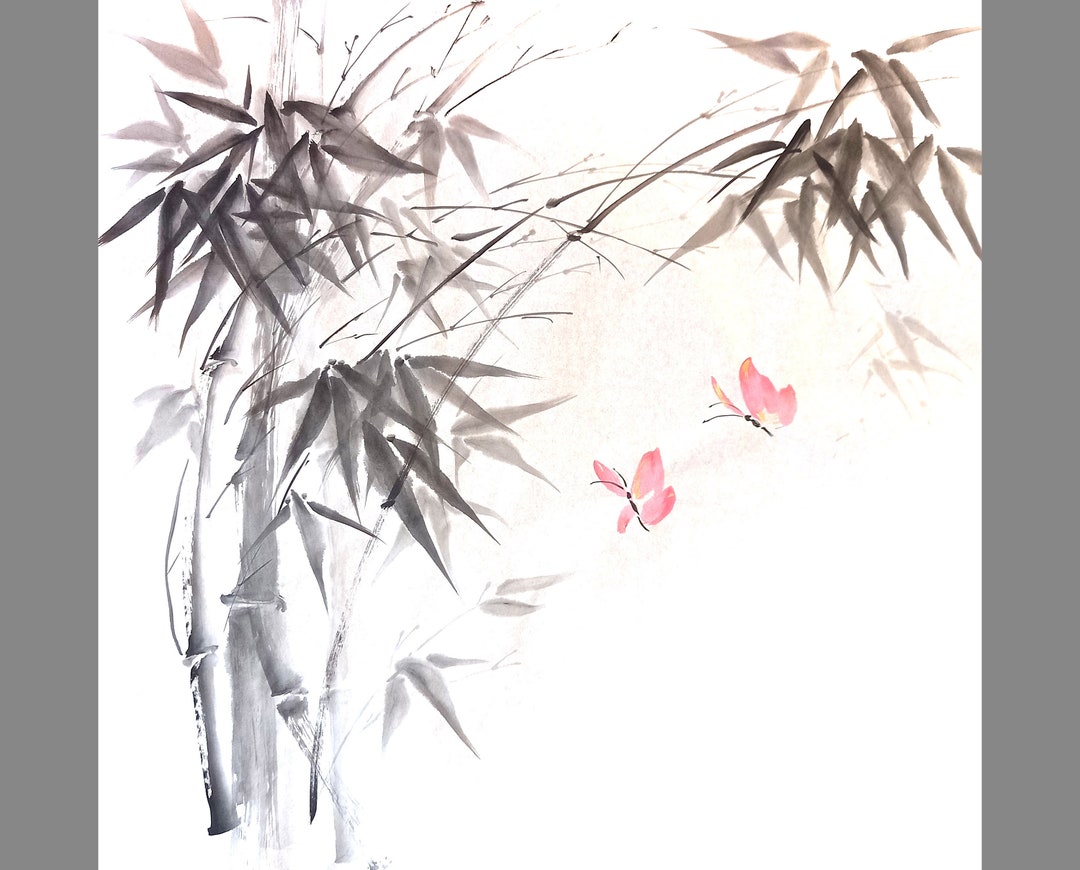 Bamboo&butterflies Feng Shui Painting Original Watercolor Artwork Japan ...