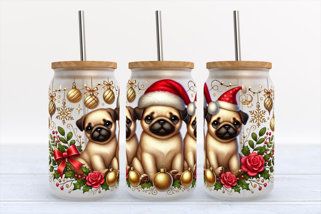 3 Cute Christmas Pugs Christmas NOT SEAMLESS 16 Oz Libbey Glass Can ...