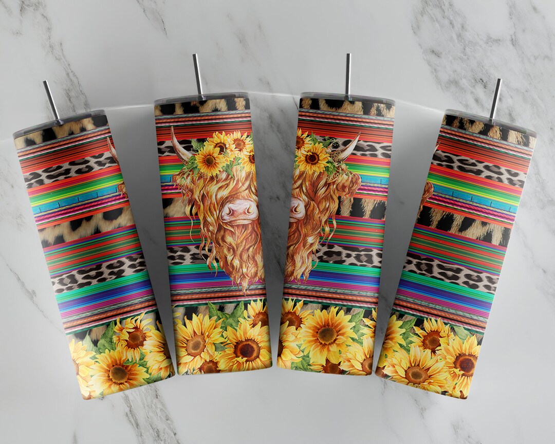 Highland Cow Sunflowers Aztec 20oz Skinny Tumbler Sublimation Designs ...