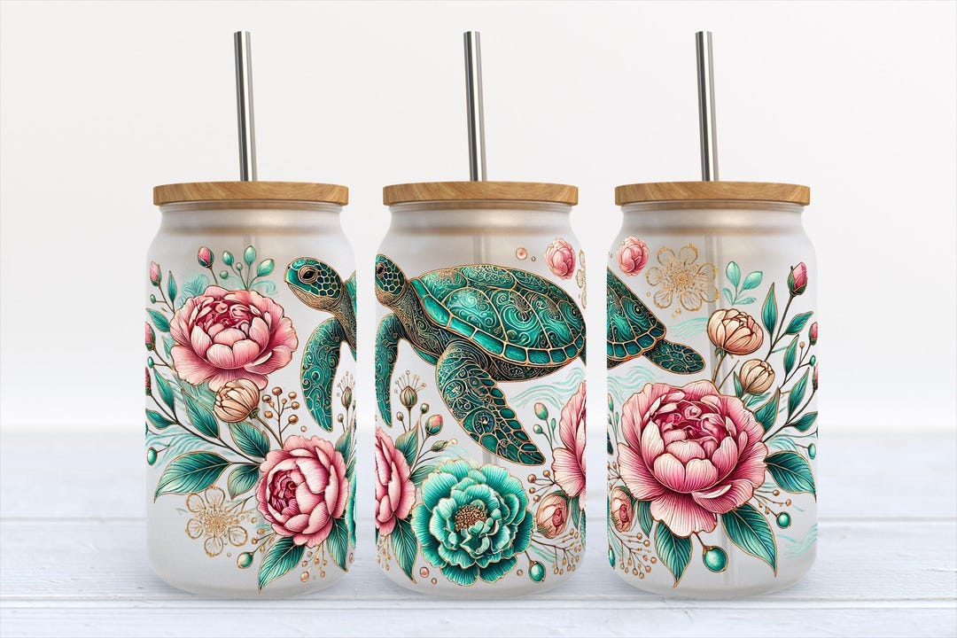 Sea Turtle With Roses and Peonies 16 Oz Libbey Glass Can Tumbler ...