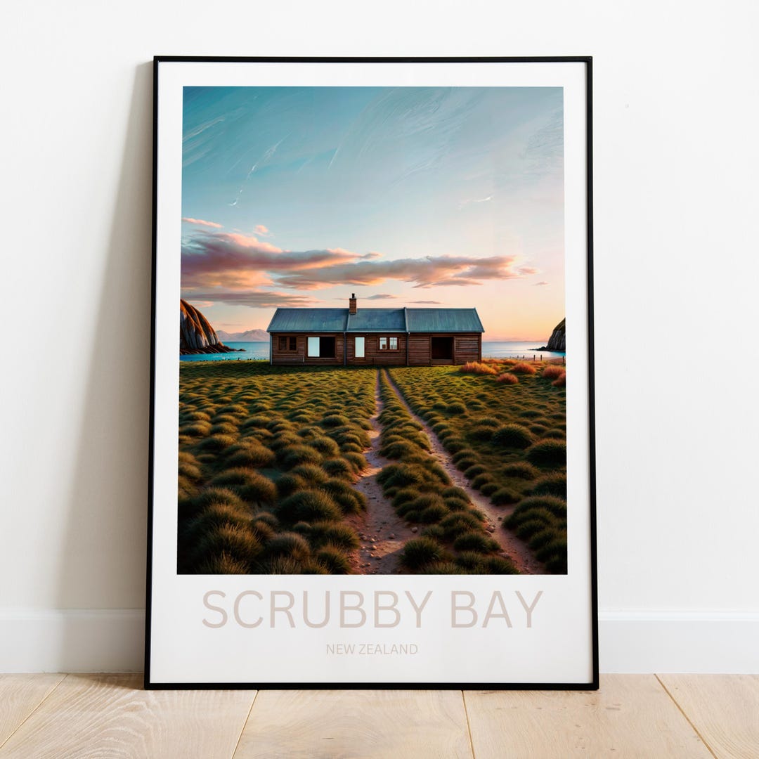 Scrubby Bay New Zealand Poster Coastal Cottage Art Print Landscape ...