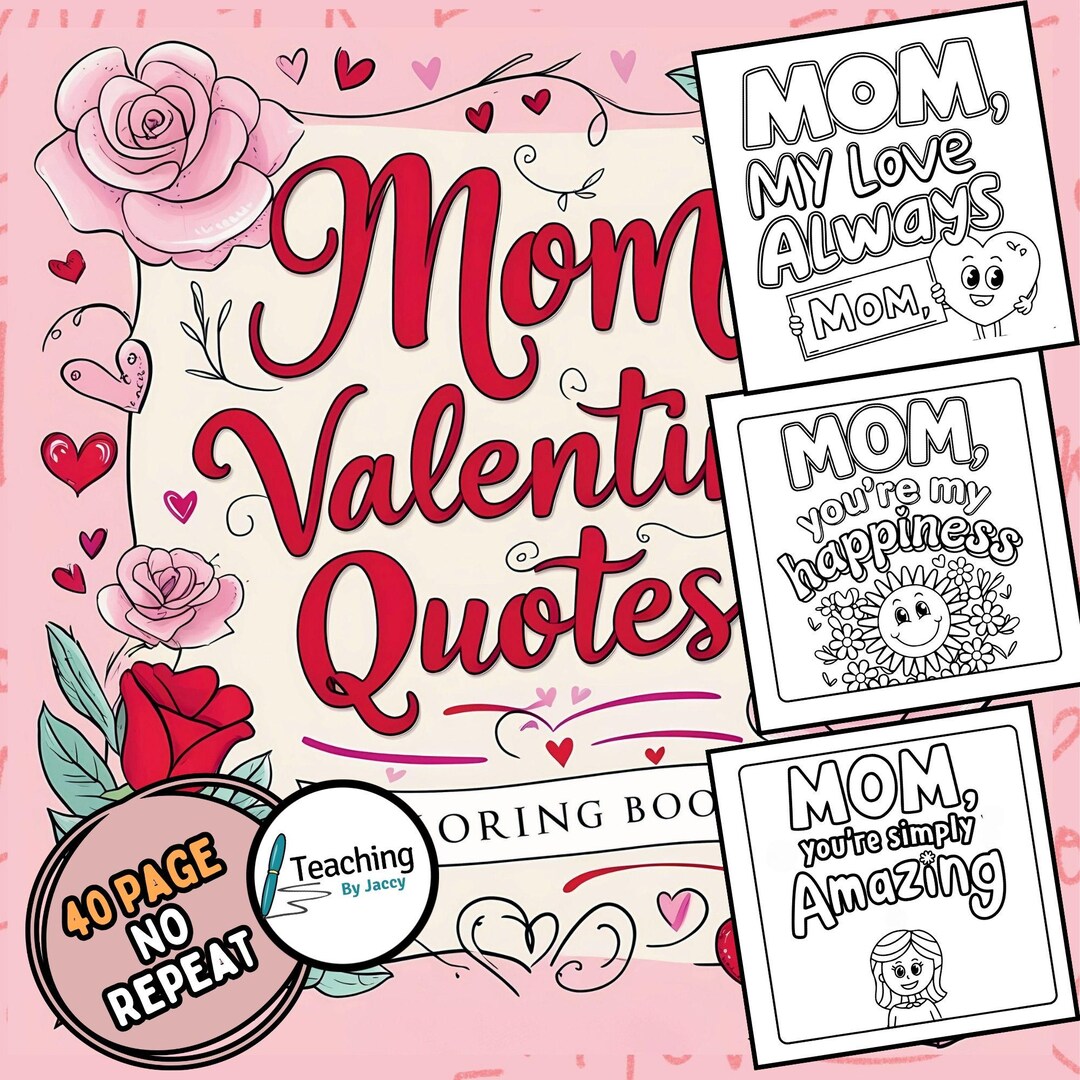 Mom Valentine Quotes Coloring Book, 40 Valentine Coloring Pages, Cute ...