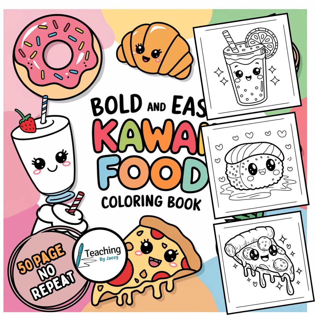 Kawaii Food Bold and Easy Coloring Book, 50 Food & Drink Coloring Pages ...