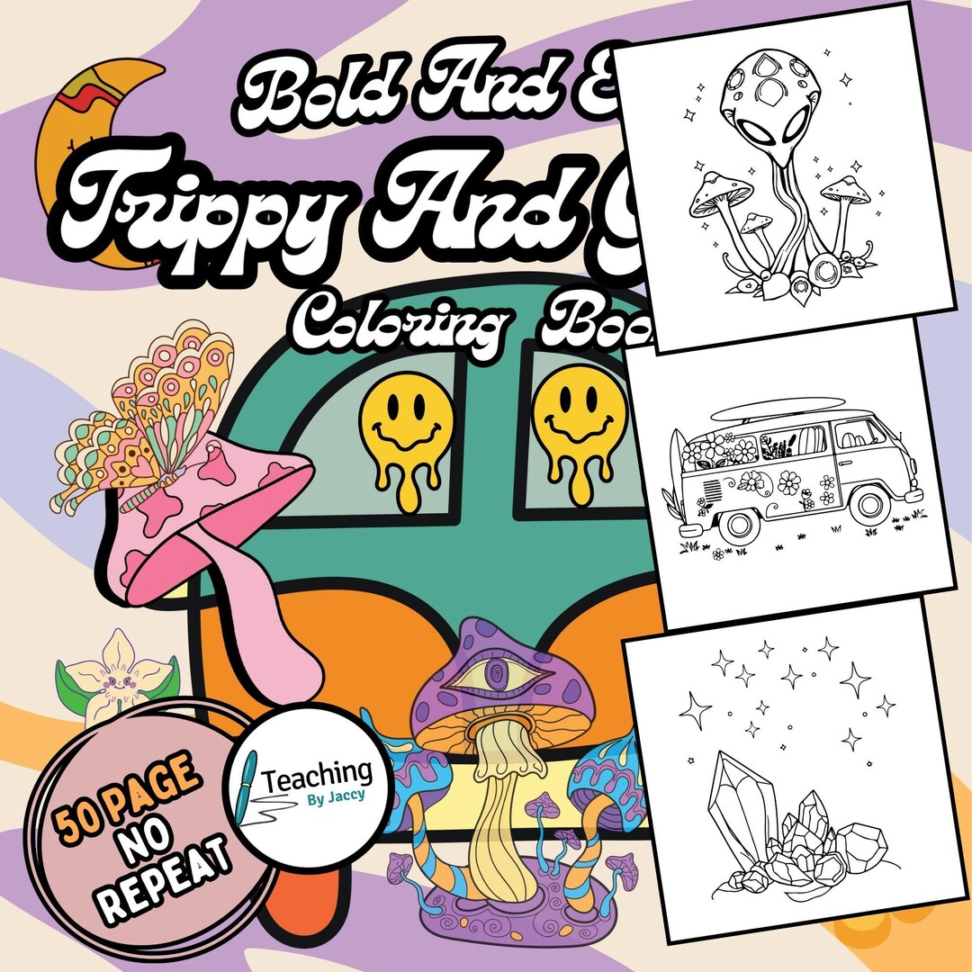 Trippy and Groovy Coloring Book for Adults, Simple Coloring Pages, Cute ...