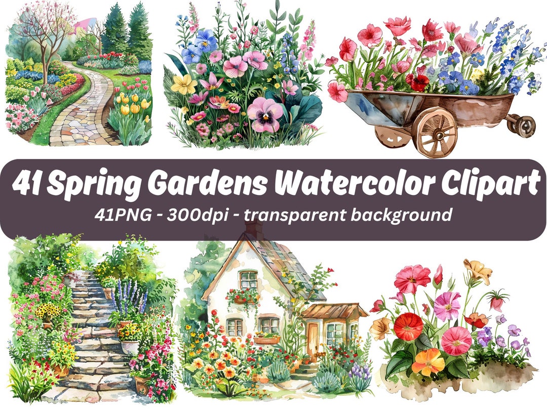 Spring Gardens Watercolor Clipart, Spring Tree Clip Art, Secret Garden ...