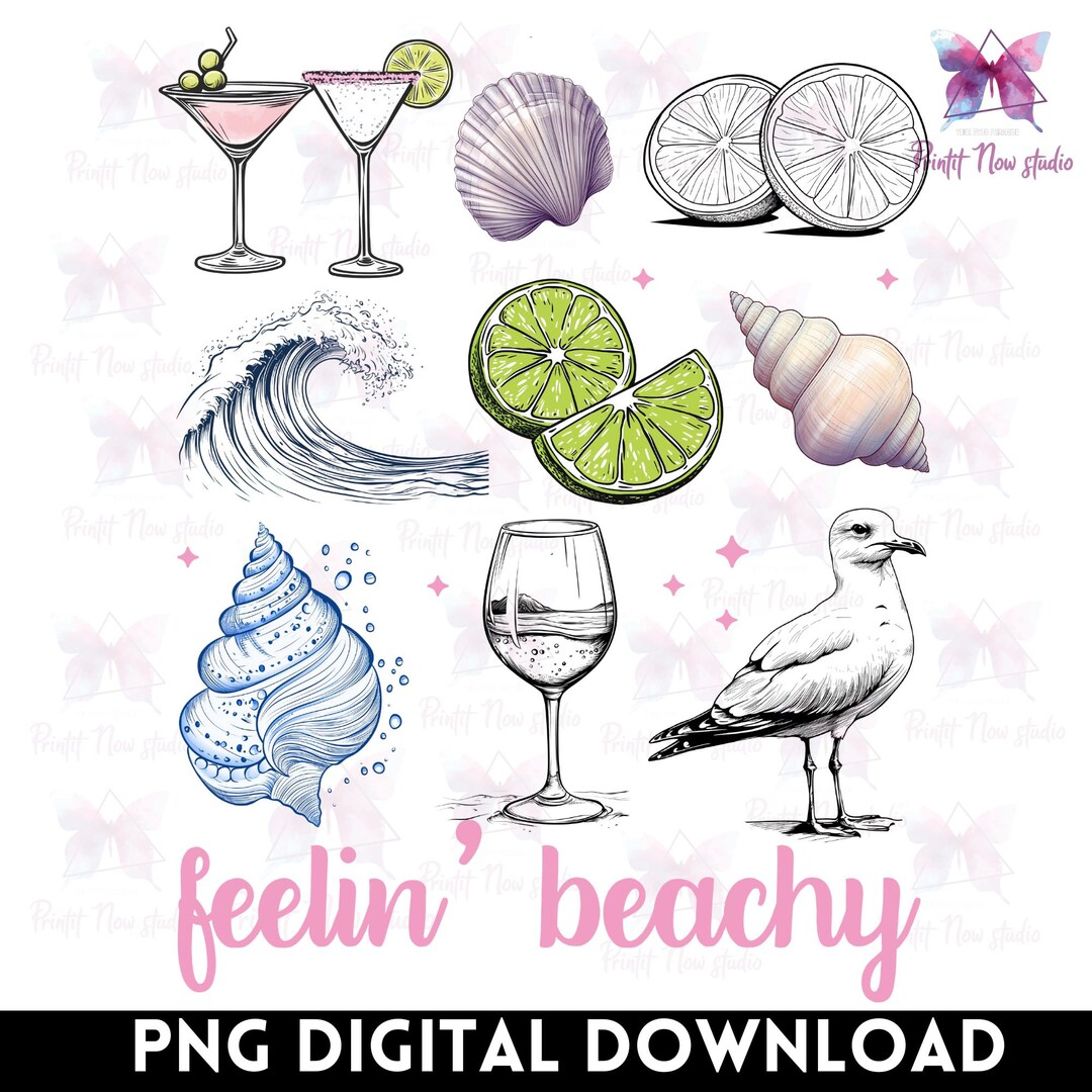 Summer Beach Doodle PNG, Coquette Feeling Beachy Png, Coastal Seashell ...