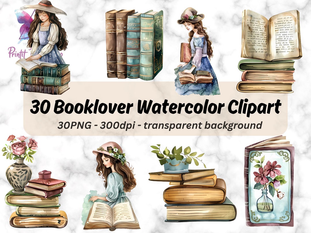 Book Lover Watercolor Clipart, Book Stack Clipart, Reading Clipart ...
