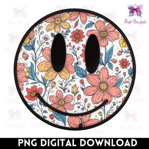 Retro Happy Face Png, Retro Happy Flowers PNG, Vintage Sublimation ...