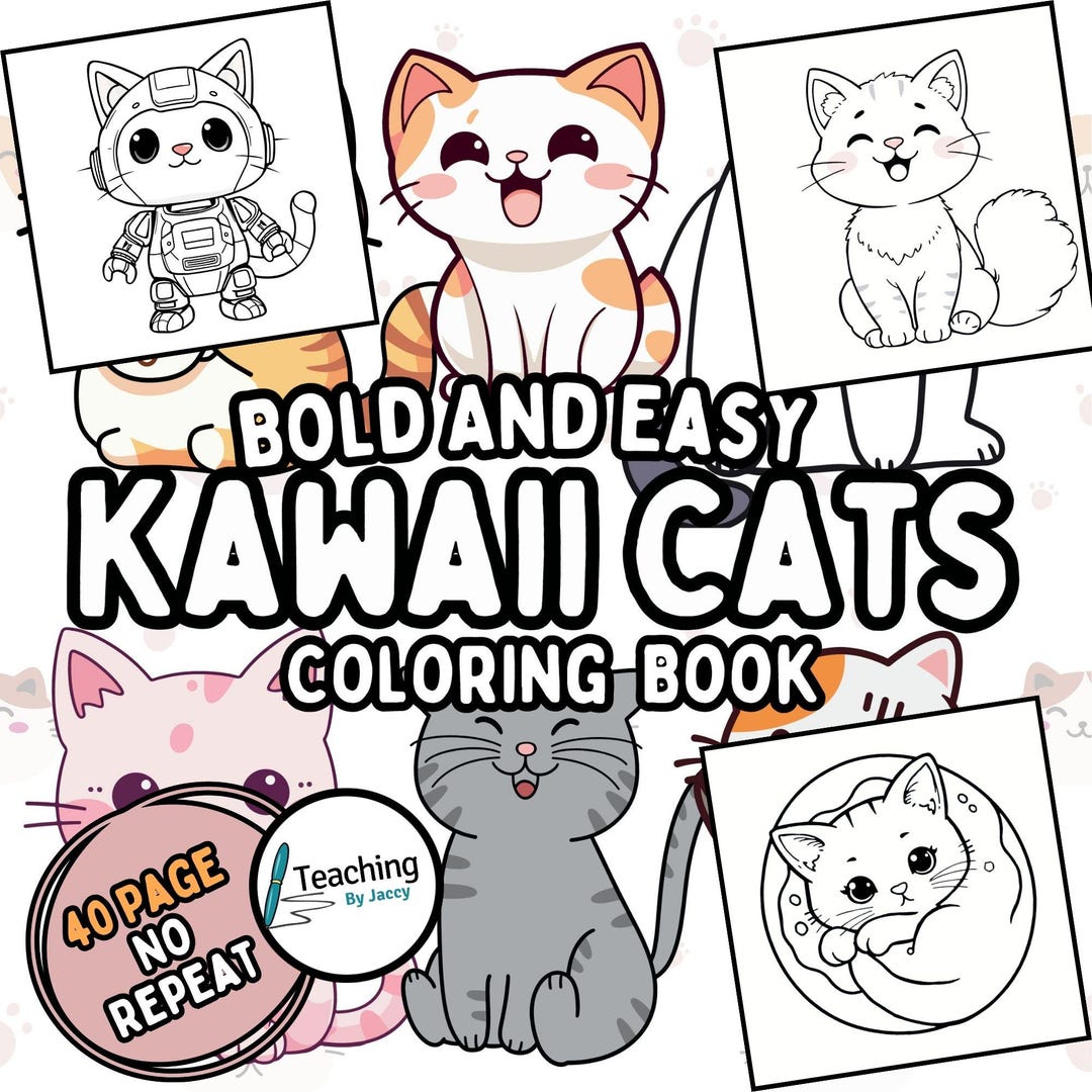 Bold and Easy Cute Kawaii Cat Coloring Book, 40 Coloring Pages, Cute ...