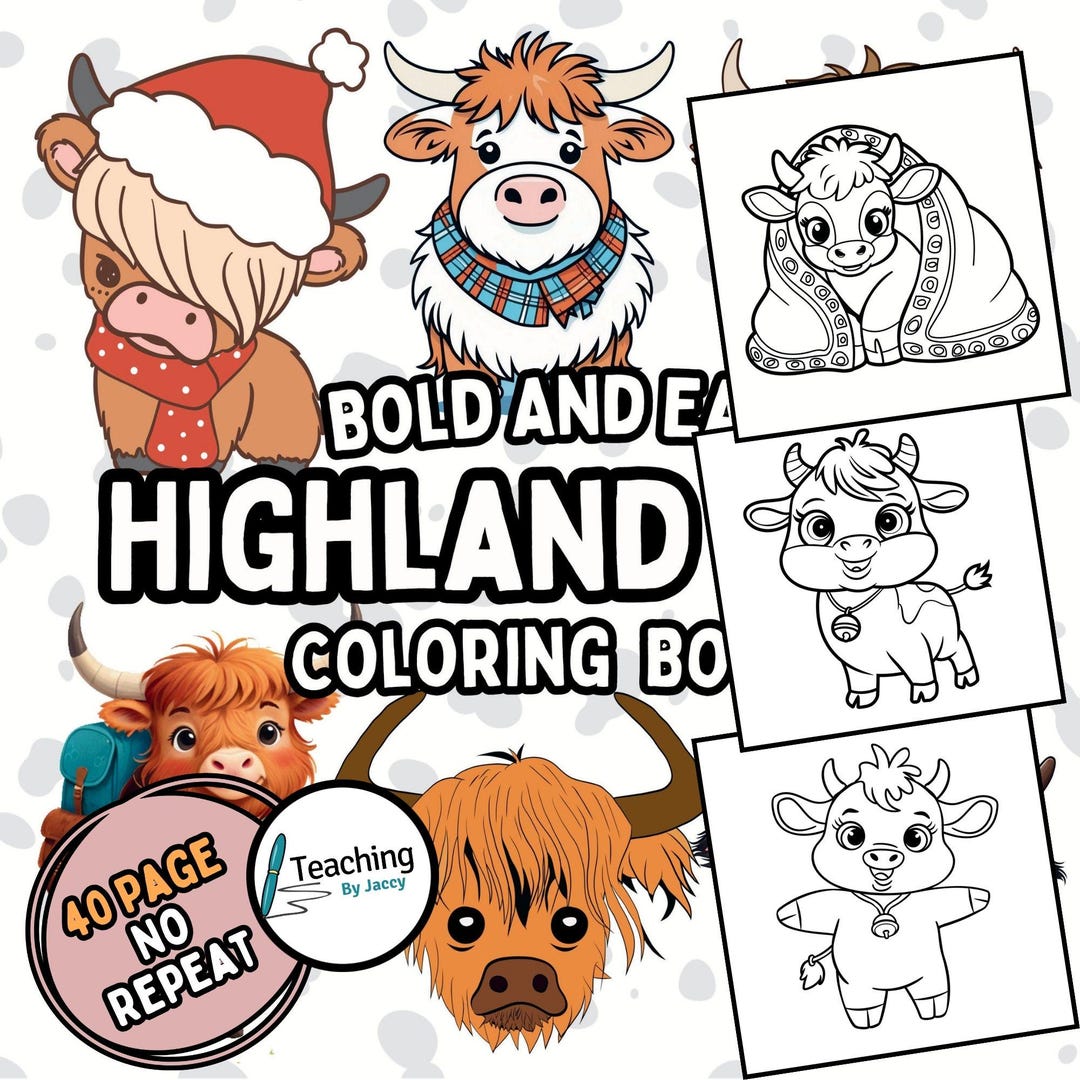 Whimsical Highland Cow Coloring Book, Bold and Easy Large Designs - Fun ...