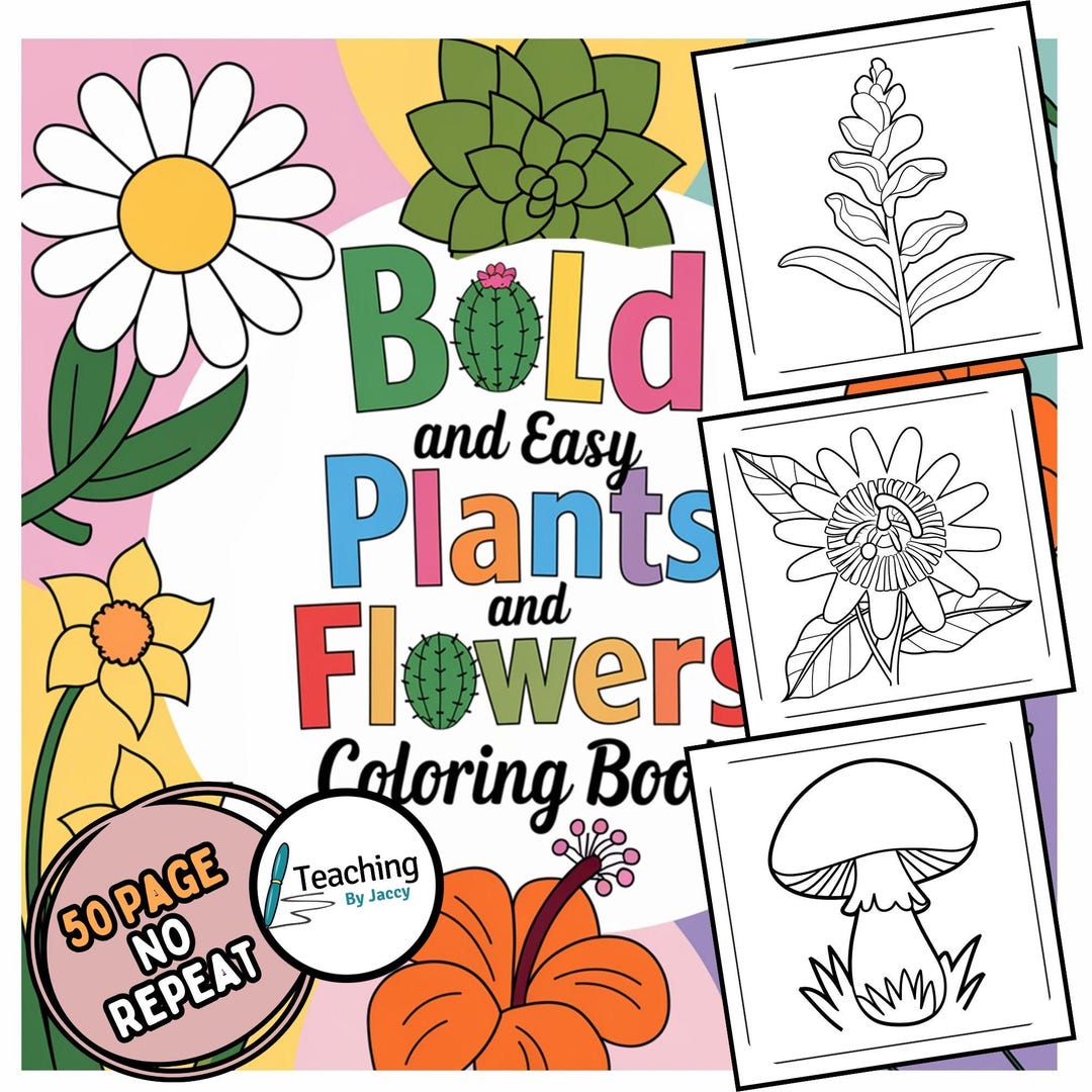 Bold Easy Plants and Flowers Coloring Book, Cozy Coloring Page, Simple ...