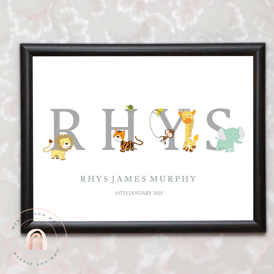 Nursery Baby Name Print With Safari Animal Detail, Personalised With ...
