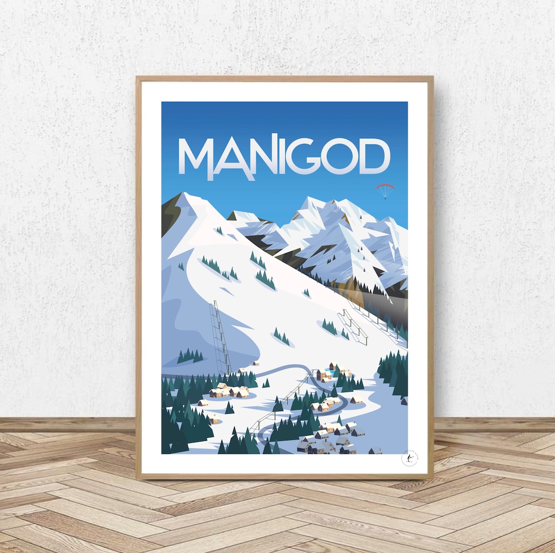 Manigod Poster Aravis // Vintage Ski Illustration Decoration Travel ...