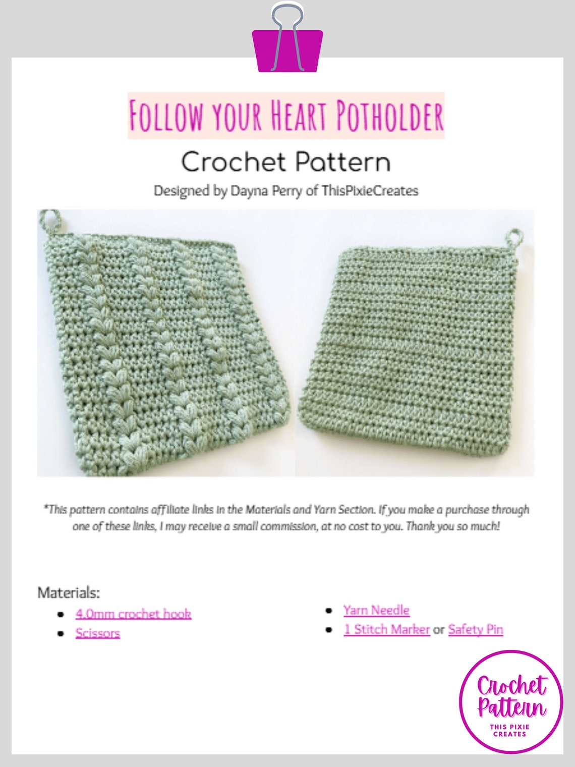 CROCHET POTHOLDER PATTERN - Follow Your Heart Potholder | Puff Stitch ...