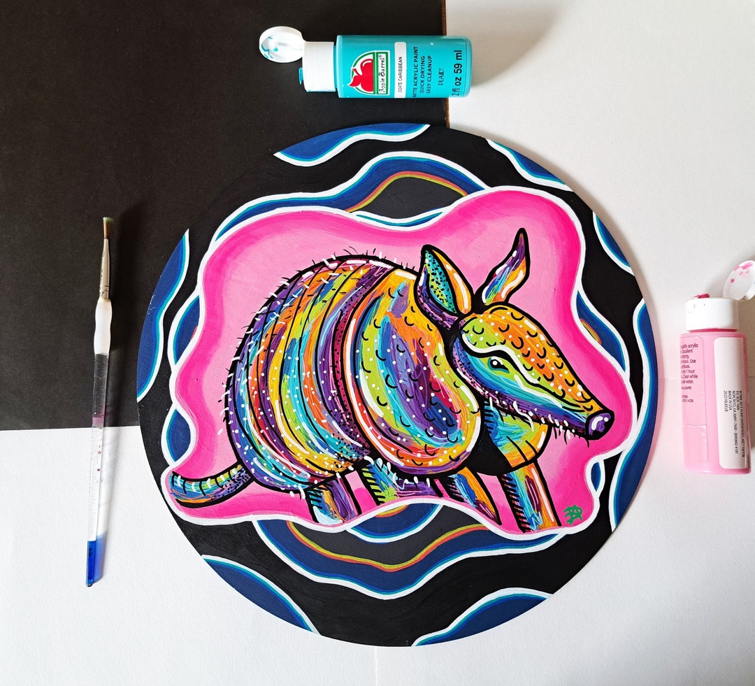 Rainbow Armadillo 30cm Round Plywood Board Original Acrylic Painting ...