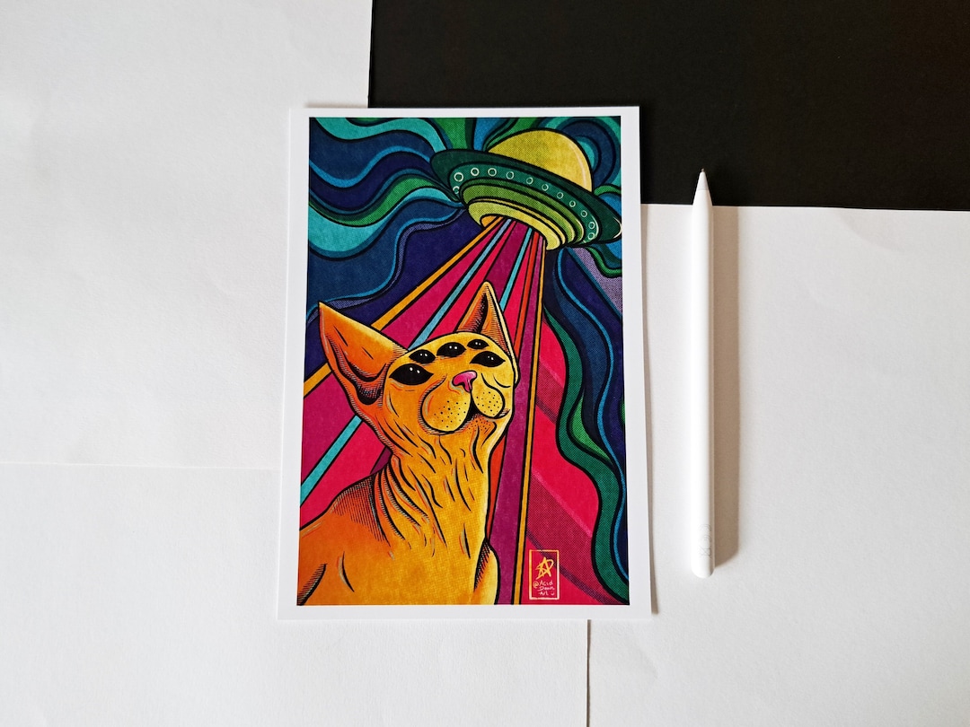 Alien Cat A4/A5 Art Print - UFO Pop Art - Surrealist Cat Wall Art ...