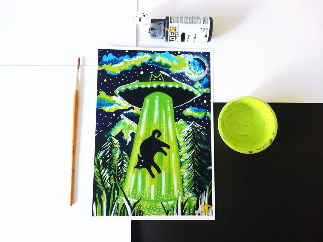 Cosmic UFO Cats Alien A4/A5 Matte Art Print - Space Painting Cat Lover ...