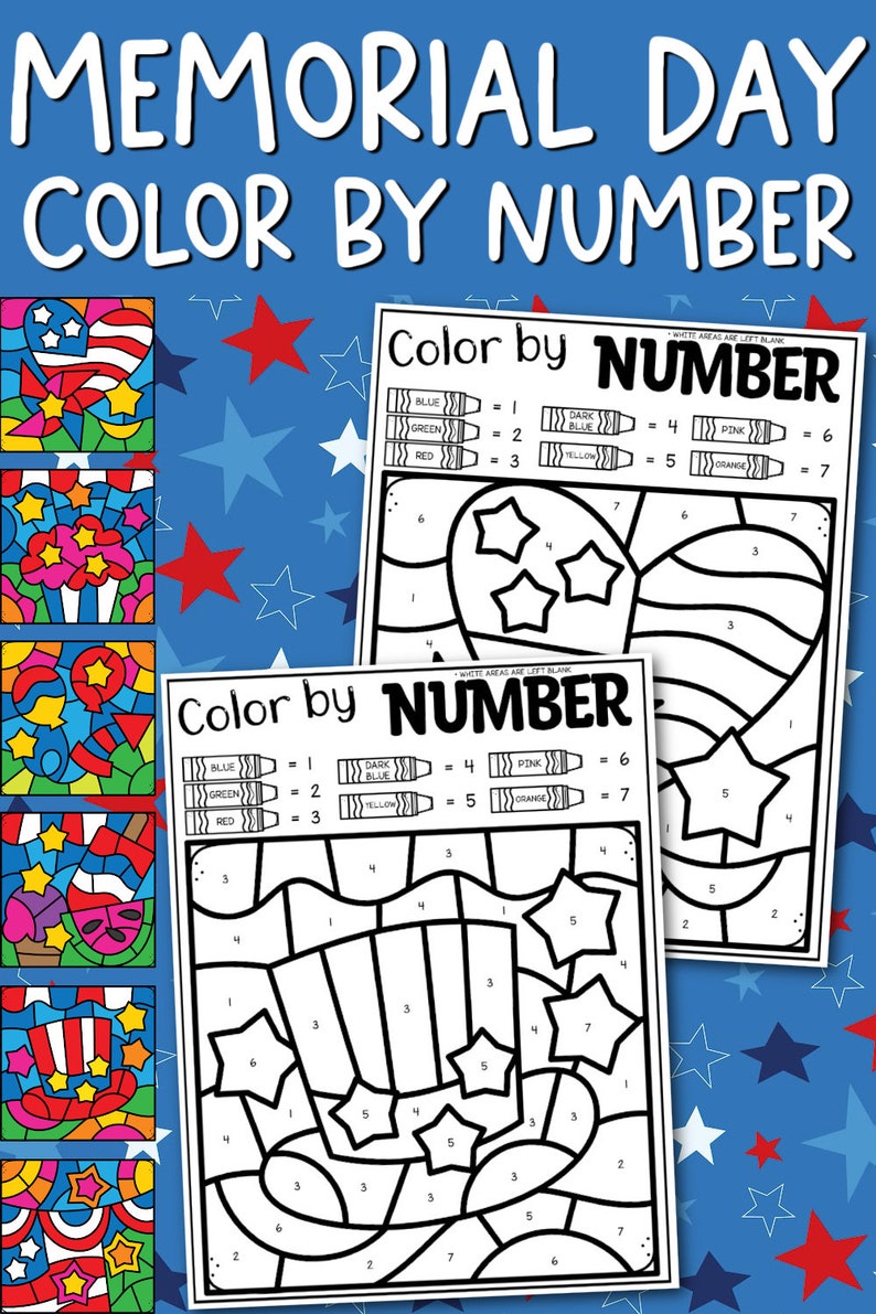 Memorial Day Holiday Worksheets Printables for Kids, Color by Number ...