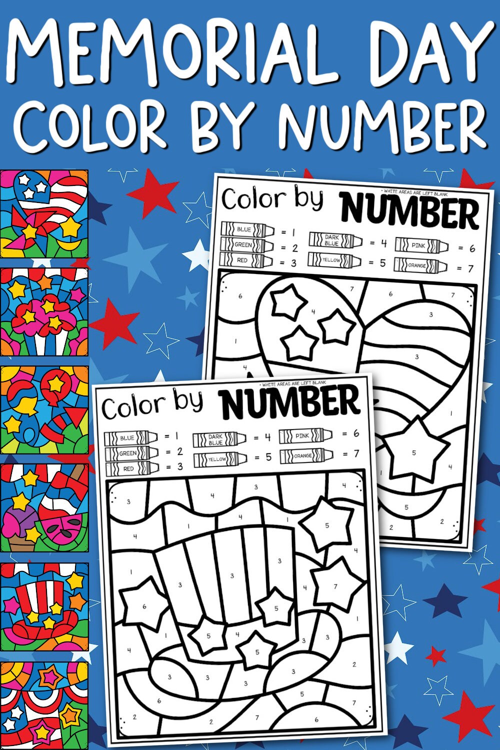 Memorial Day Holiday Worksheets Printables for Kids, Color by Number ...