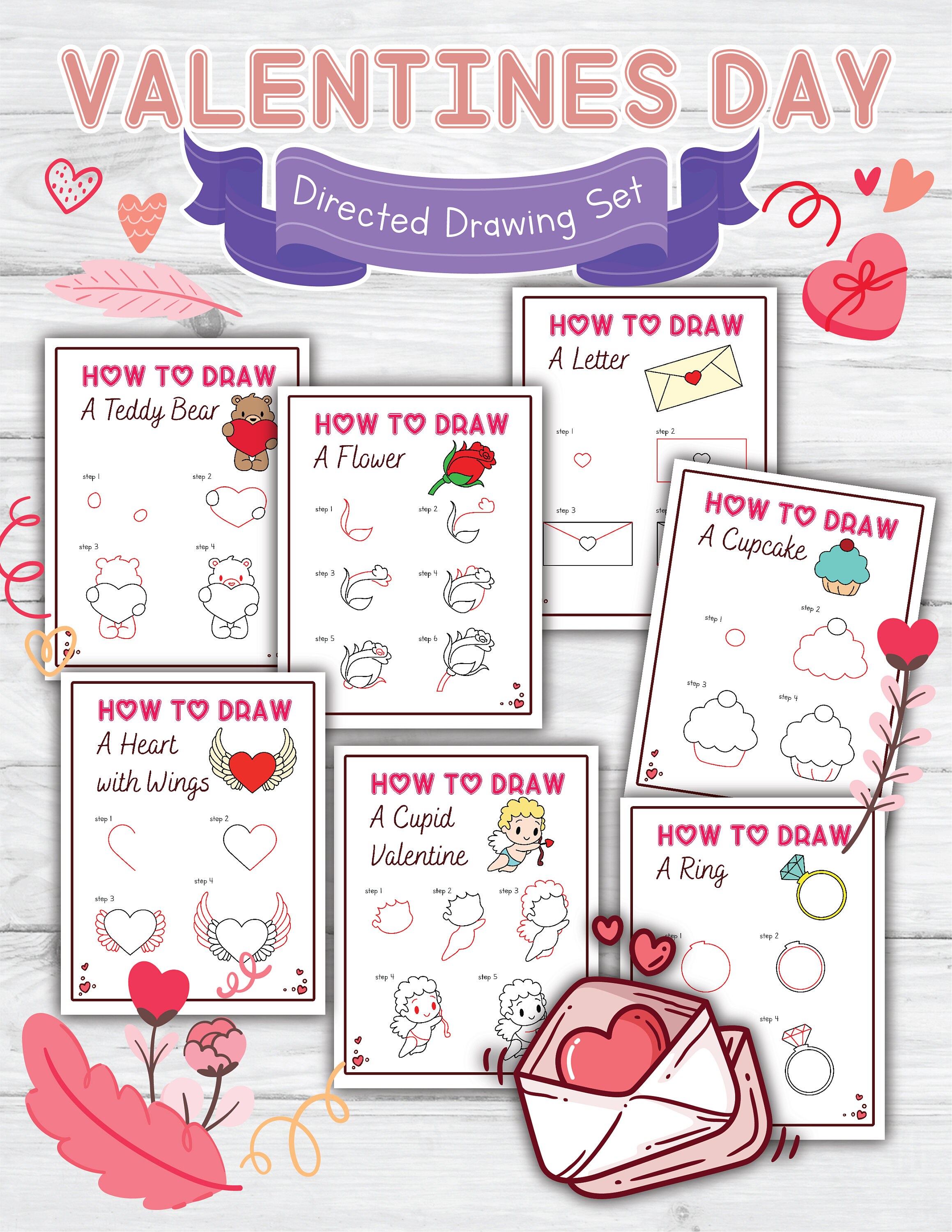 Valentines Day Holiday Worksheets Directed Drawing How to Draw Activity ...