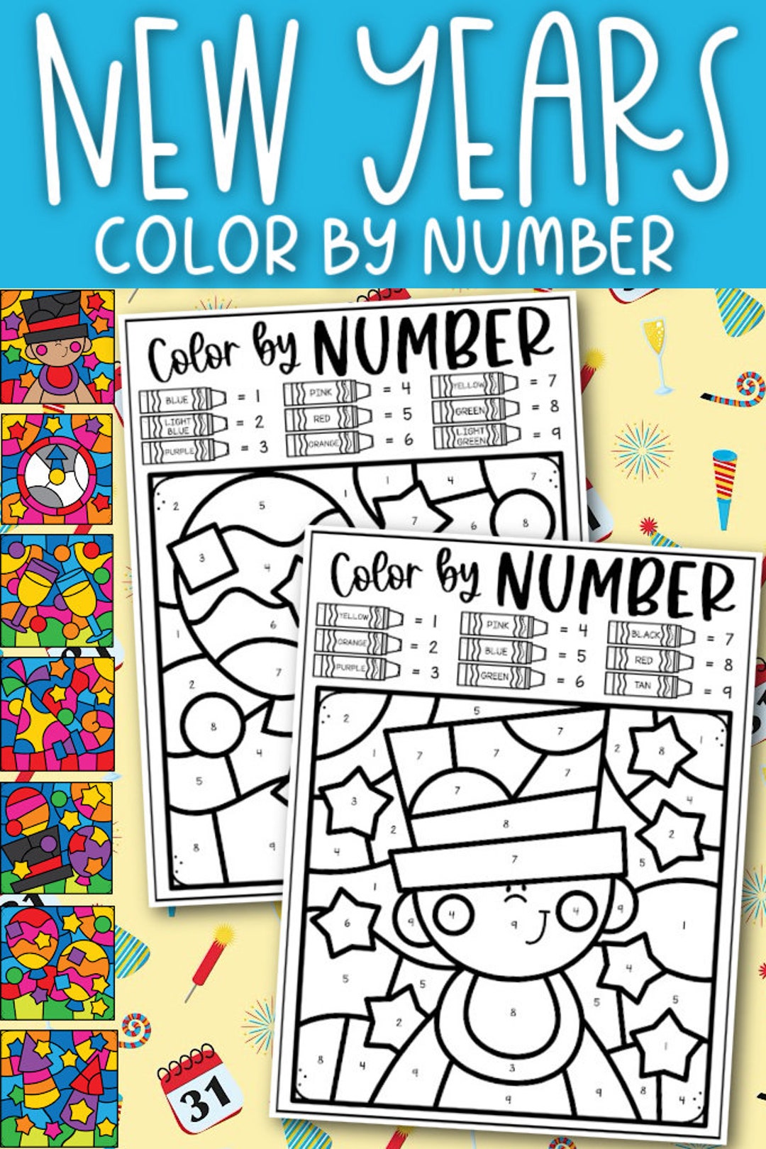 New Years Eve Holiday Worksheets Printables for Kids, Color by Number ...