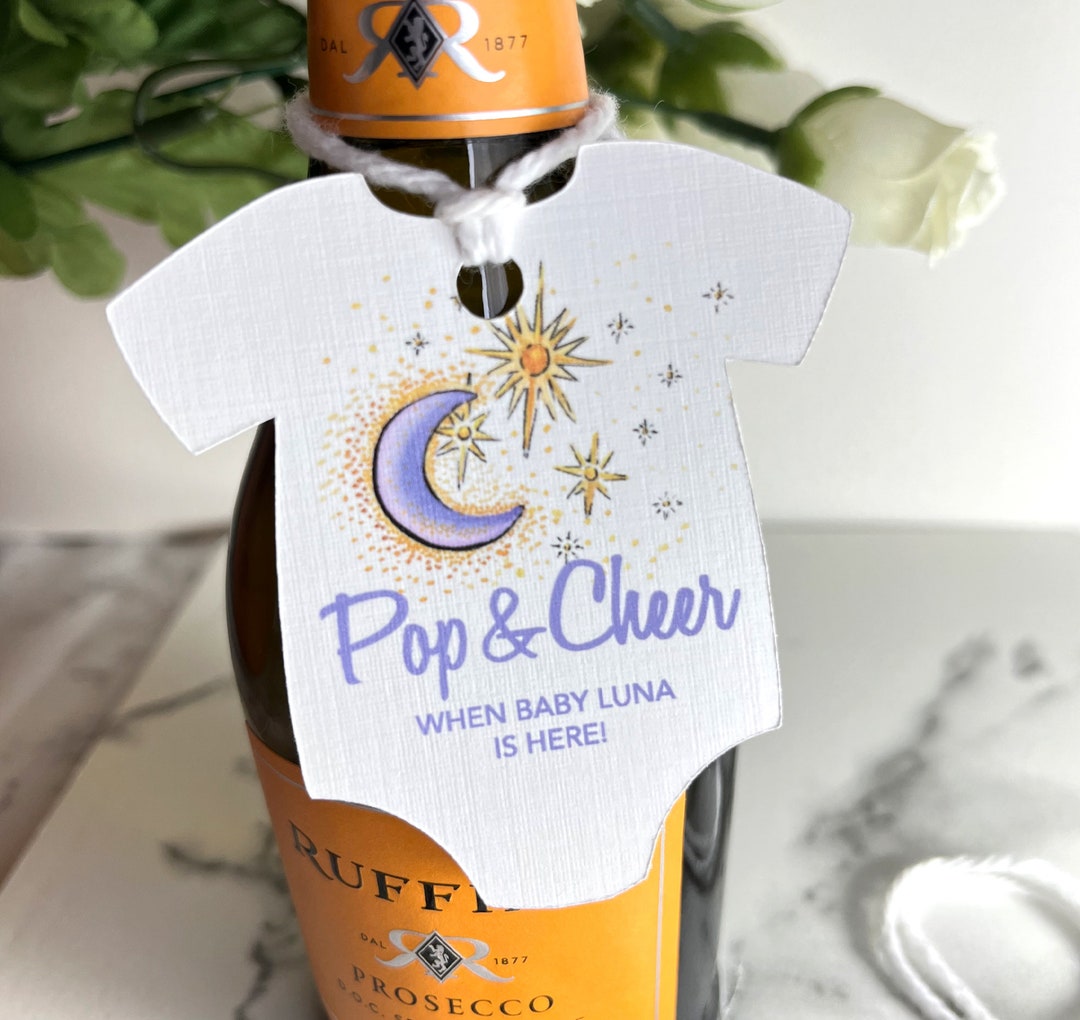 Pop and Cheer Stars & Moon Onesie Personalized Baby Shower Favor Tag Mini Champagne Bottle Tag ...