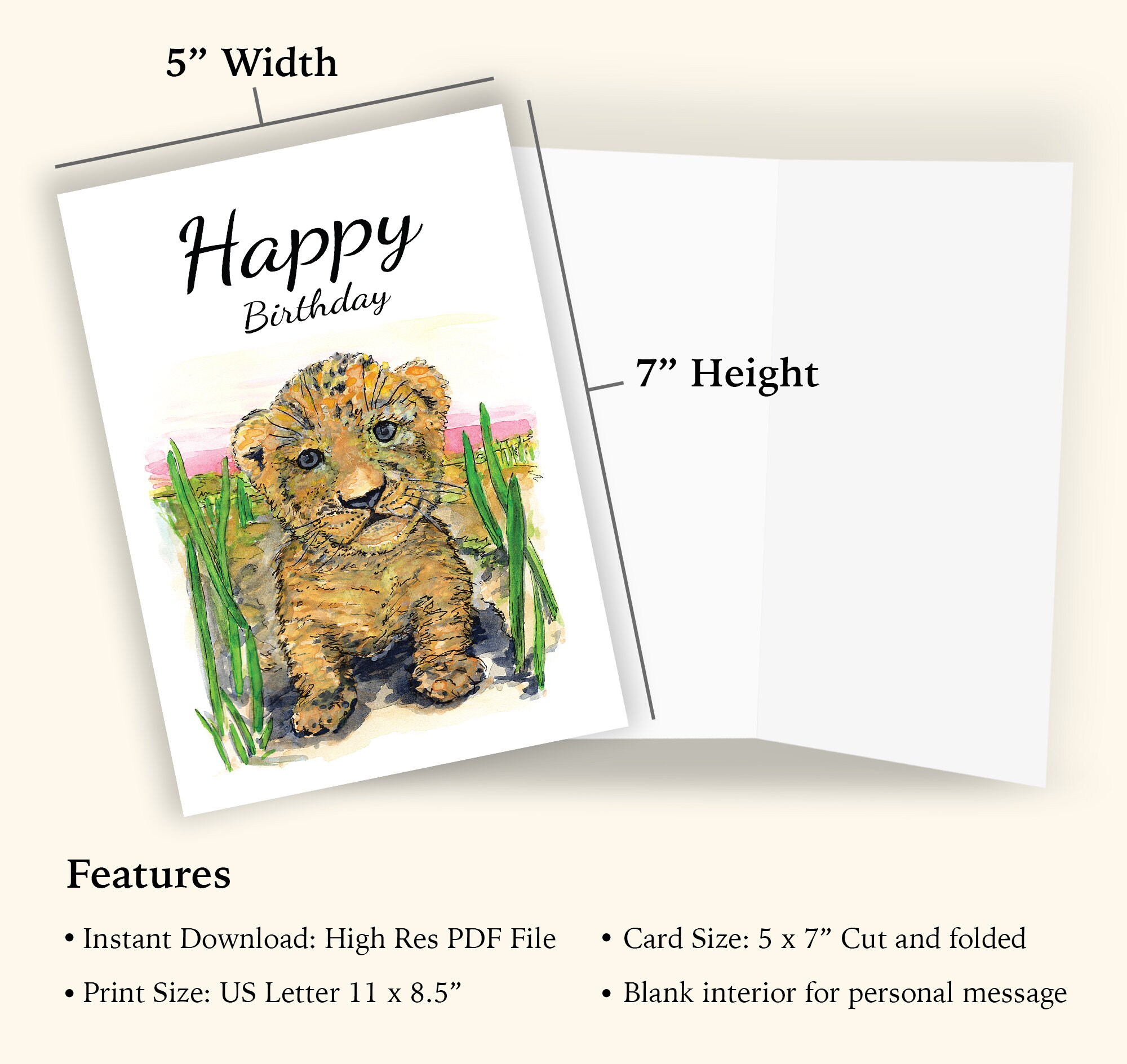 Printable Happy Birthday Card, 5x7 Lion Cub Safari Animal Happy ...