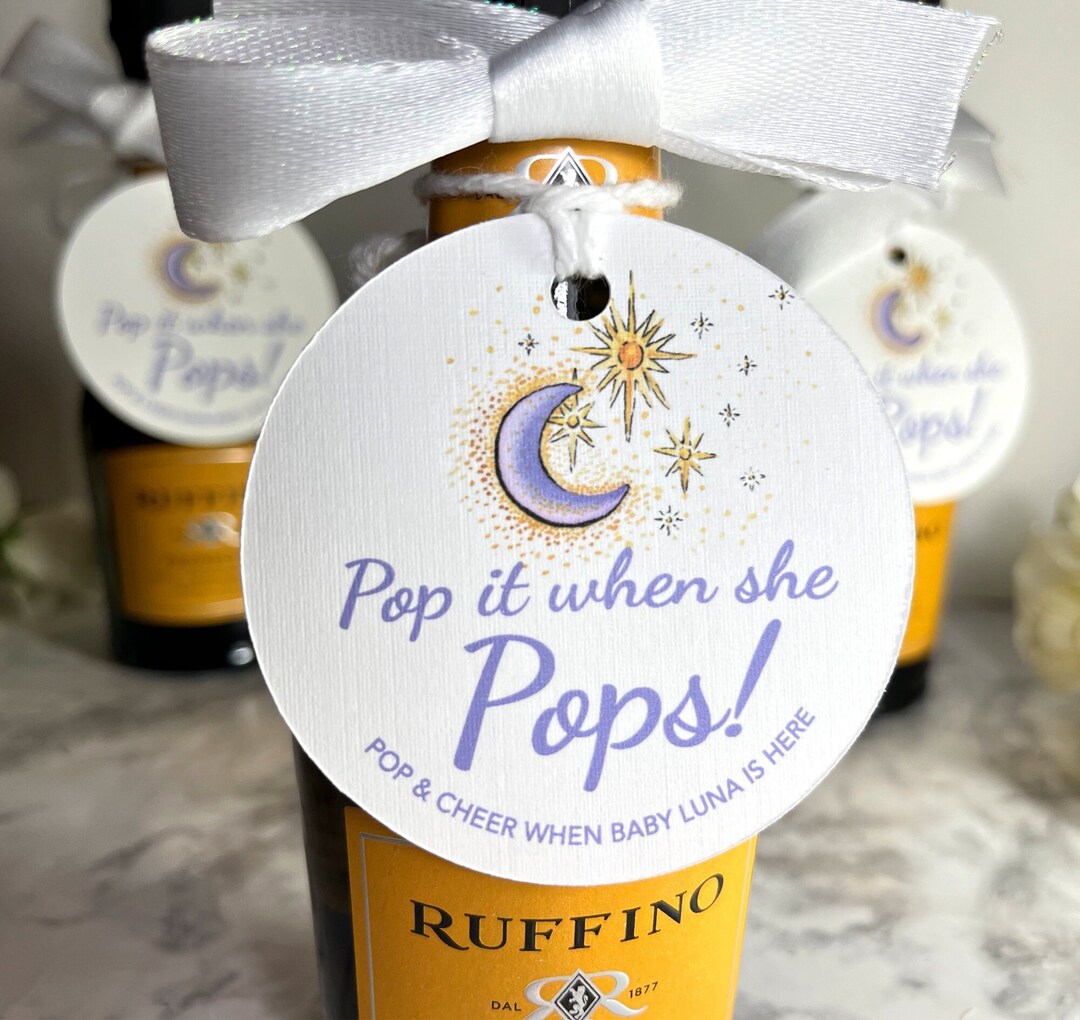 Pop and Cheer Stars & Moon Personalized Baby Shower Favor Tag Mini Champagne Bottle Tag Prosecco ...