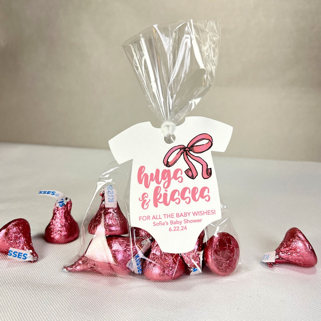 Hugs & Kisses Bow Onesie Personalized Baby Shower Favor Tags Baby Girl ...