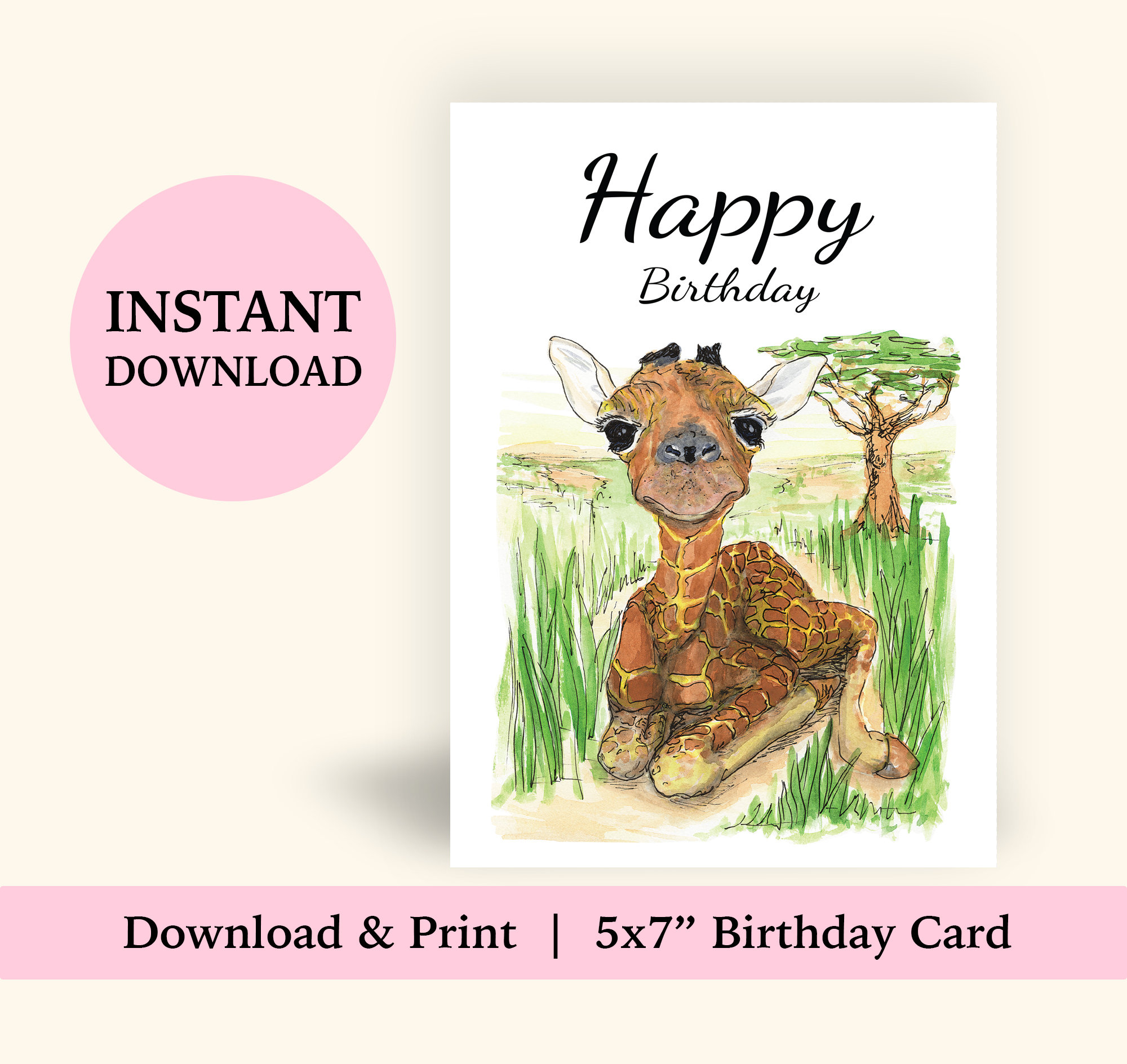 Printable Happy Birthday Card 5x7, Baby Giraffe Safari Animal Happy ...