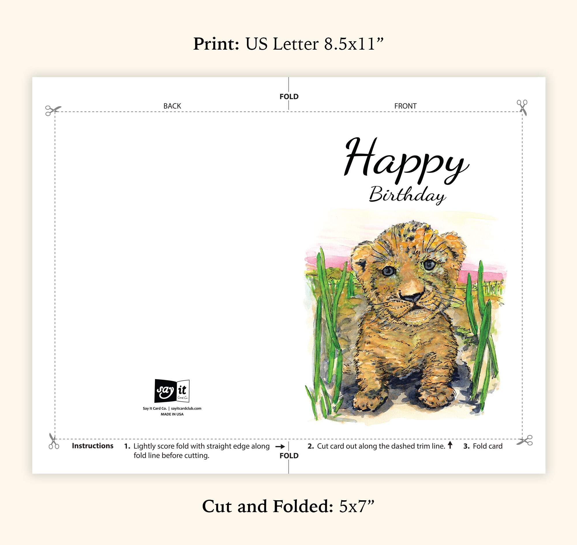 Printable Happy Birthday Card, 5x7 Lion Cub Safari Animal Happy ...