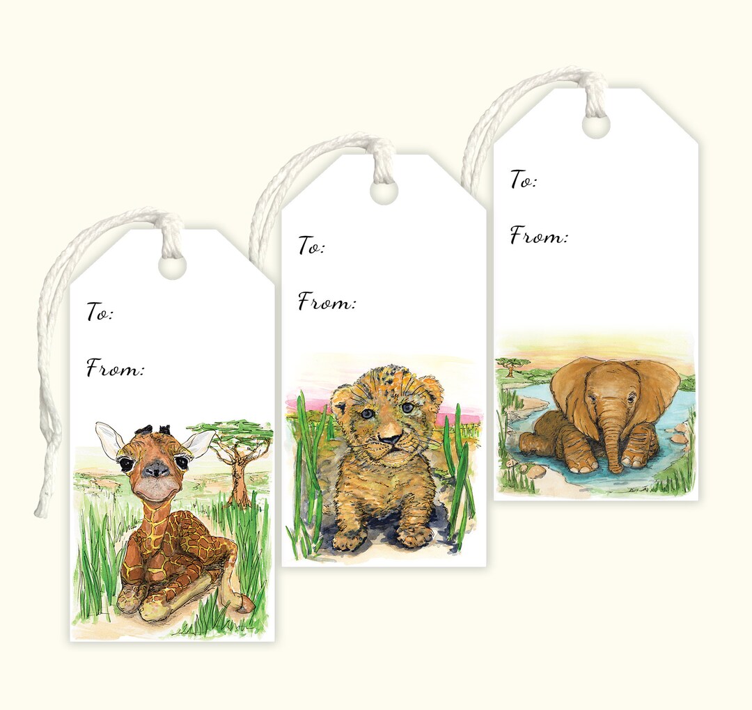 Safari Baby Animal Gift Tags, Giraffe, Lion and Elephant, Baby Shower ...
