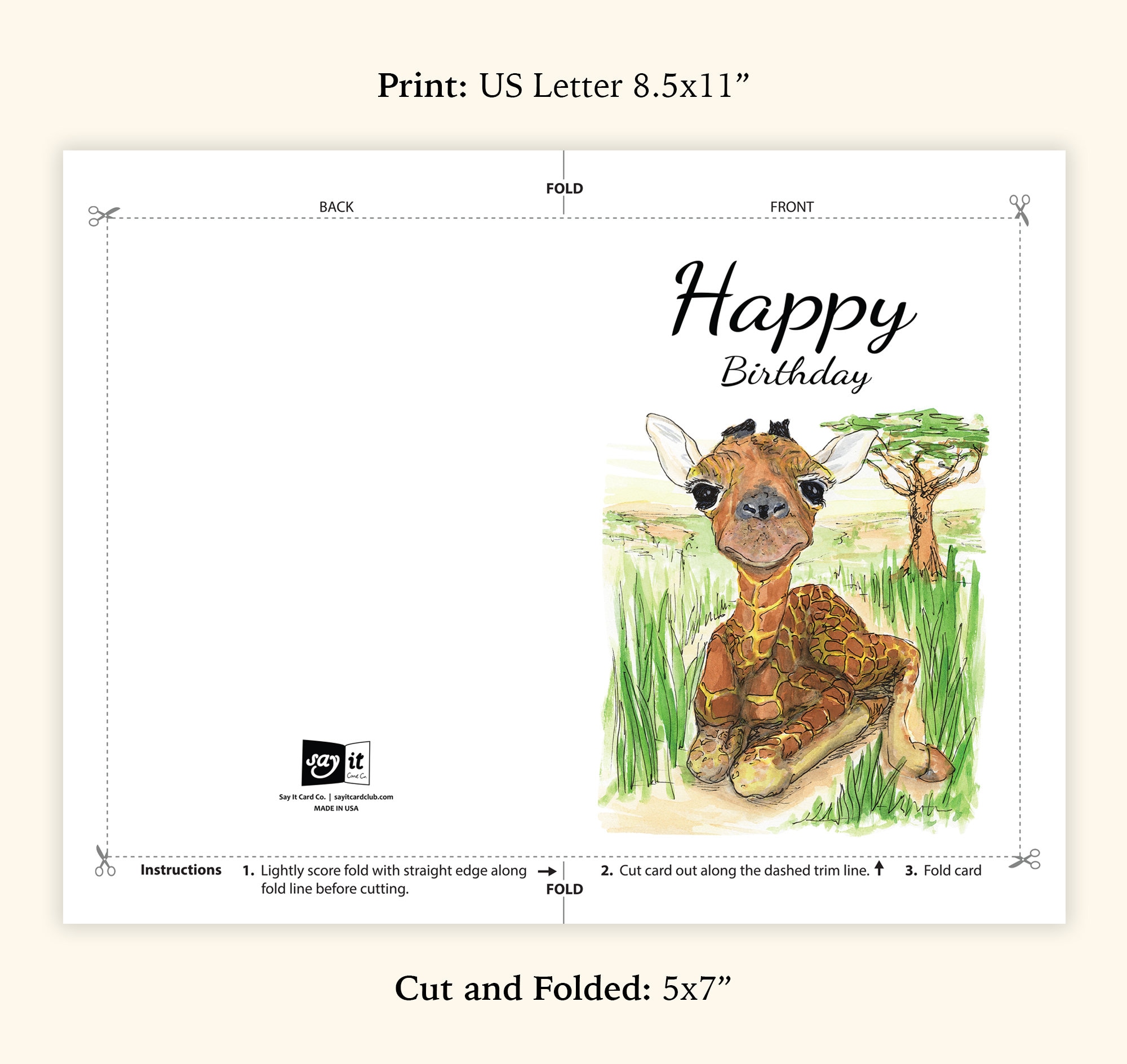 Printable Happy Birthday Card 5x7, Baby Giraffe Safari Animal Happy ...