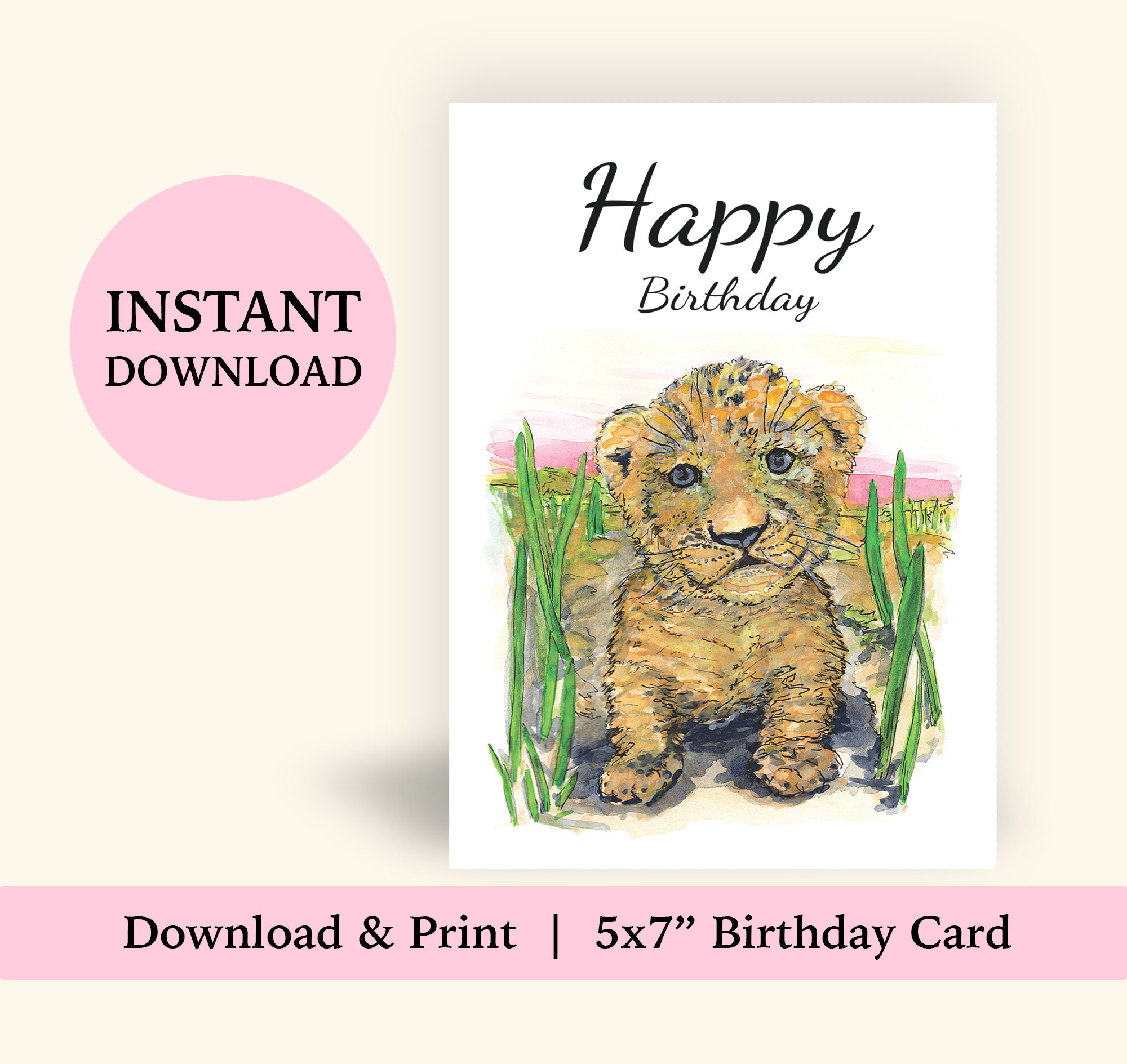Printable Happy Birthday Card, 5x7 Lion Cub Safari Animal Happy ...