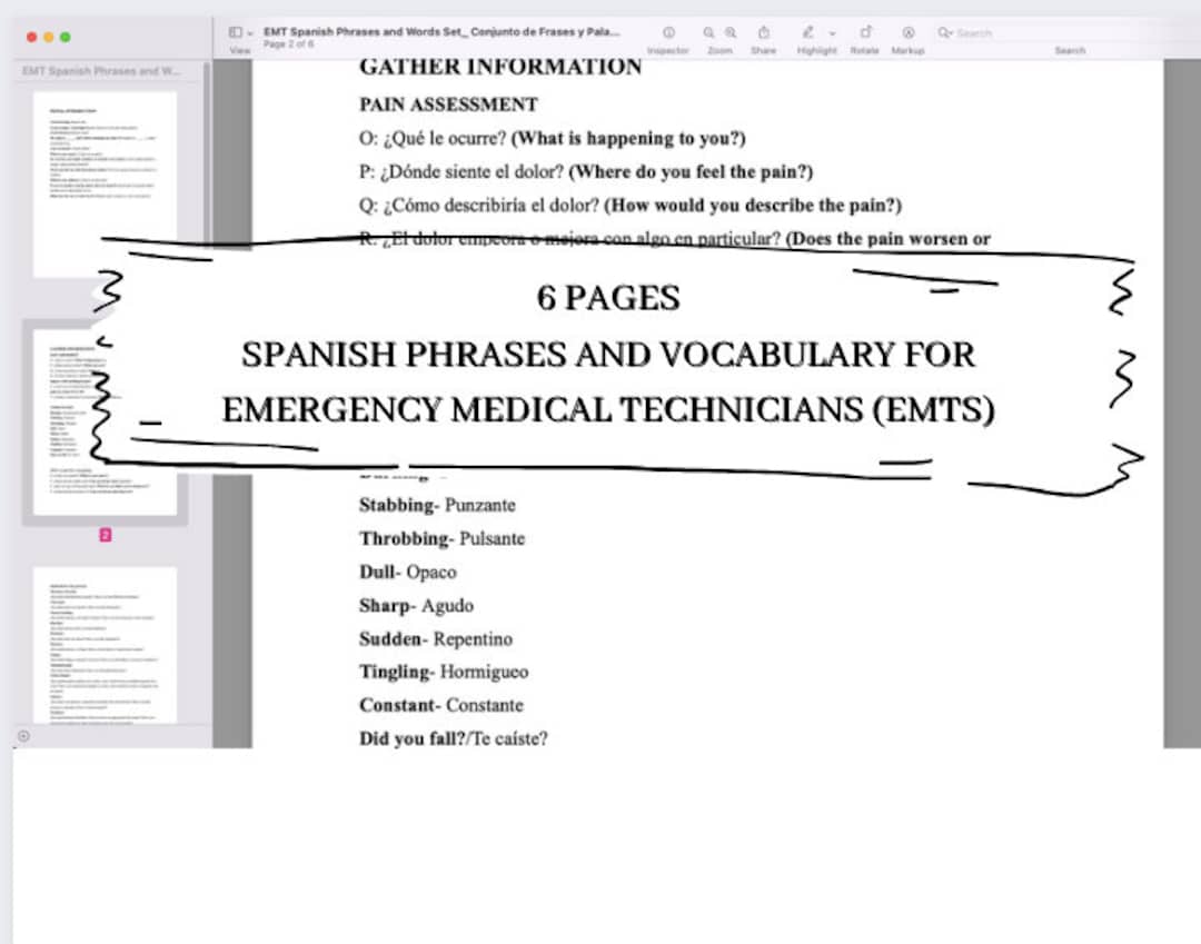 Spanish Phrases and Vocabulary for Emergency Medical Technicians (emts ...