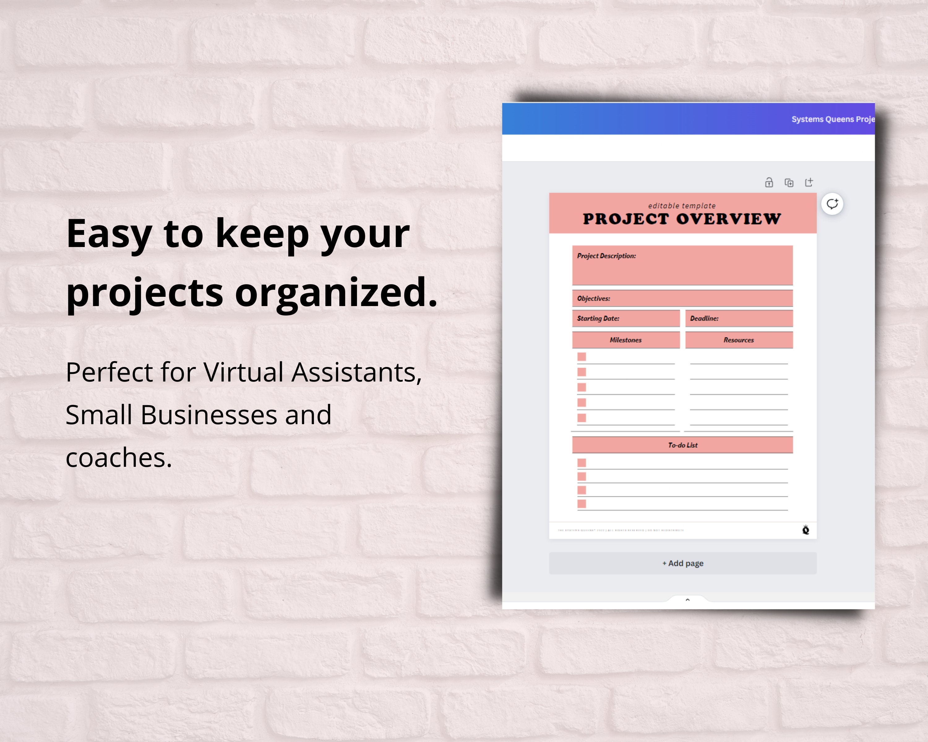 1 Page Project Overview Template, Printable, Project Planner, Canva ...