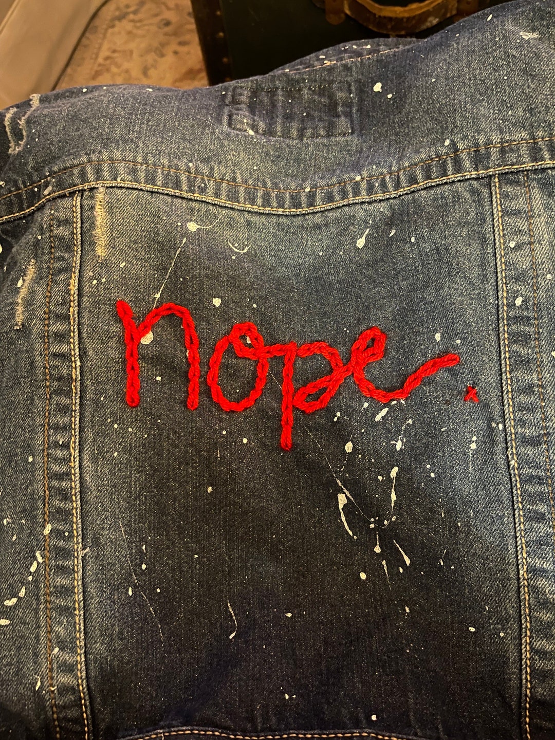 Upcycled Denim Jacket, White Paint Splattered /hand Embroidered NOPE ...