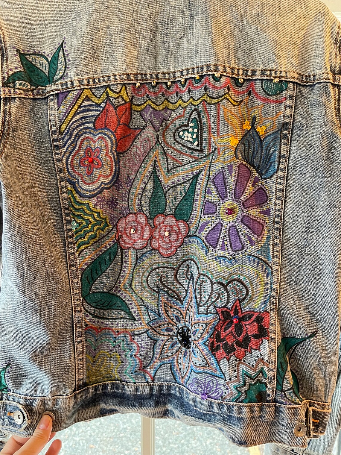 BOHO Denim Jacket, Hand-painted Eclectic Back Panel, Hand-embroidered ...