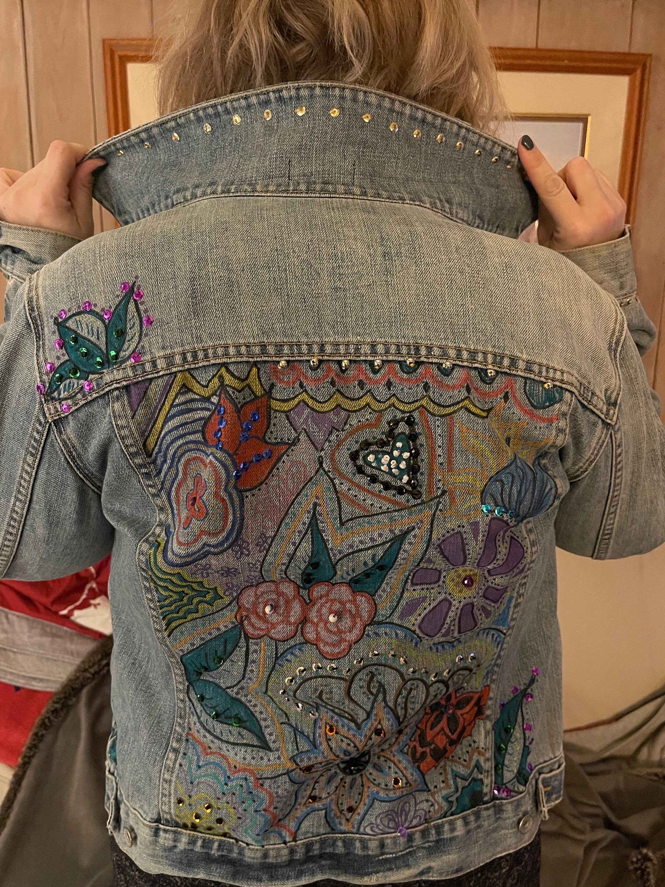 BOHO Denim Jacket, Hand-painted Eclectic Back Panel, Hand-embroidered ...