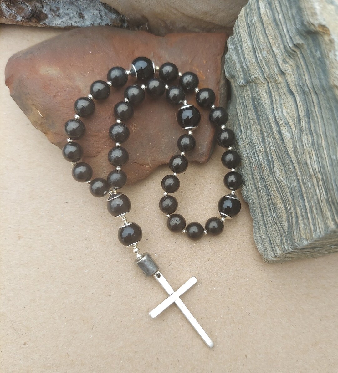 Anglican Prayer Beads, Episcopal Rosary, Gemstone Jet With a Silver ...